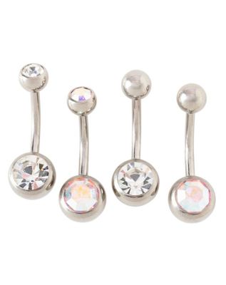 Multi-Pack CZ Silvertone Belly Rings 4 Pack - 14 Gauge - Spencer's