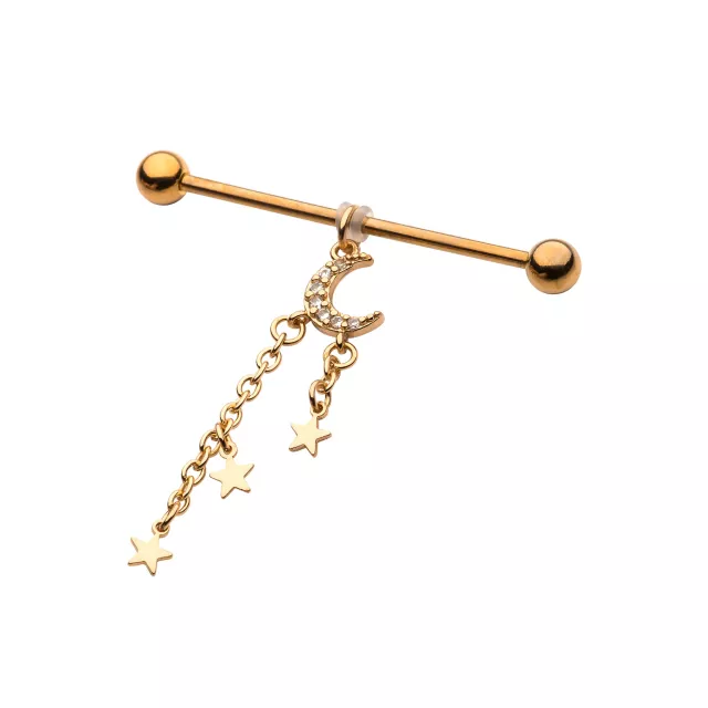 CZ Gold Plated Moon and Stars Chain Dangle Industrial Barbell - 14 ...
