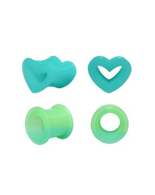 Multi-Pack Teal and Green Heart Tunnel Plugs - 2 Pair - Spencer's