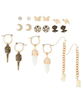 Multi-Pack Goldtone Crystal Tooth Snake Earrings - 9 Pair - Spencer's