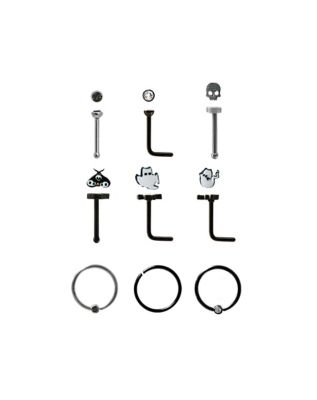 CZ Multi-Pack Moth Skull Ghost L-Bend Hoop and Bone Nose Rings 9 Pack ...