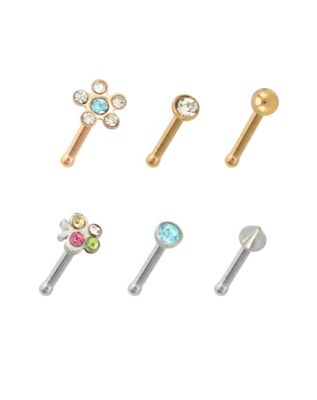 Multi-Pack Assorted Pronged Nose Pins 6 Pack - 20 Gauge - Spencer's