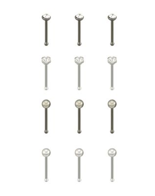 Multi-Pack Silvertone and Black CZ Pronged Nose Pins 12 Pack - 20 Gauge ...