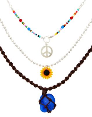 3 Row Peace Sign and Sunflower Beaded and Chain Necklace - Spencer's