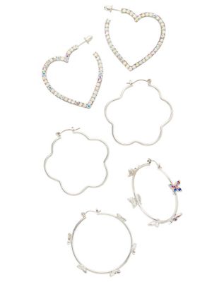 Multi-Pack CZ Heart and Glitter Butterfly Hoop Earrings - 3 Pair ...