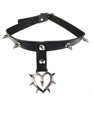 Faux Leather Spiked Heart Dangle Choker Necklace - Spencer's