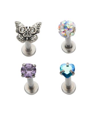 Multi-Pack CZ Butterfly Heart Labret Lip Rings 4 Pack - 16 Gauge ...
