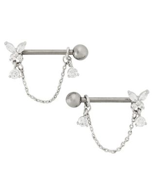 Titanium and CZ Butterfly Nipple Barbells 14 Gauge Spencer s