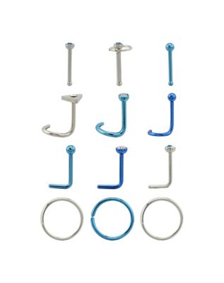 Multi-Pack Silver and Blue Nose Pins and Hoops 12 Pack - 20 Gauge ...