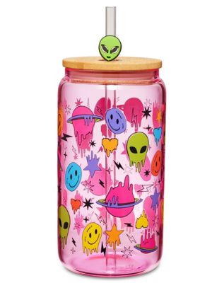Pink Alien Glass Cup with Straw - 16 oz. - Spencer's