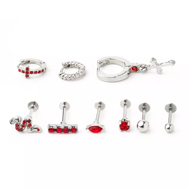 Multi Pack Red Snake Hoop and Cartilage Earrings 9 Pack 18 Gauge Spencer s